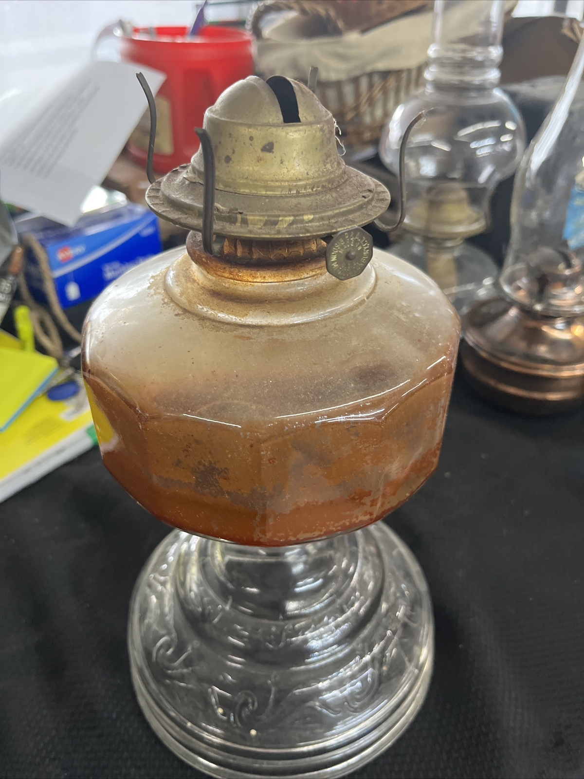 VINTAGE P & A RISDON MFG. CO. PRESSED GLASS OIL KEROSENE LAMP MADE IN ...