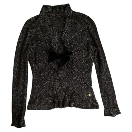 Escada Black Ruffled Edge Cardigan With Velvet Ribbon Front Tie Size 36 ...