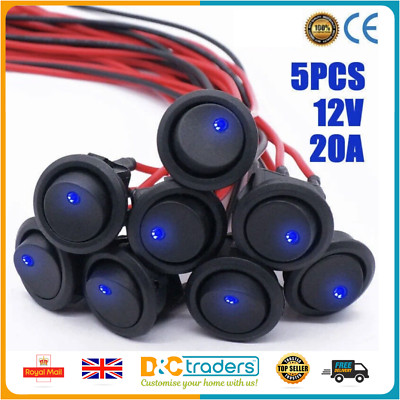 5Pcs 12V ON/OFF Round Rocker Toggle Switch Blue LED Light for Car Van ...