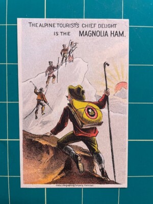 Magnolia Ham trade card - mountain climbers - woman at the top | eBay