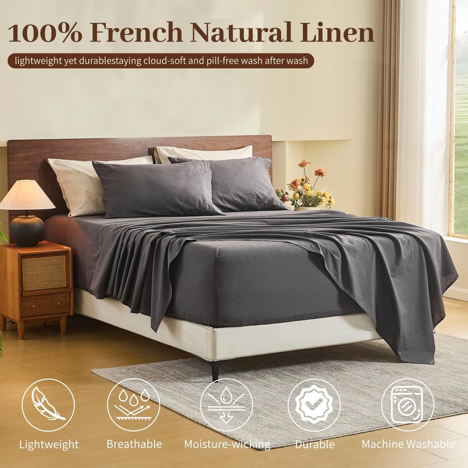 100% French Pure Linen Sheets California King Size - Extra Deep Pocket ...