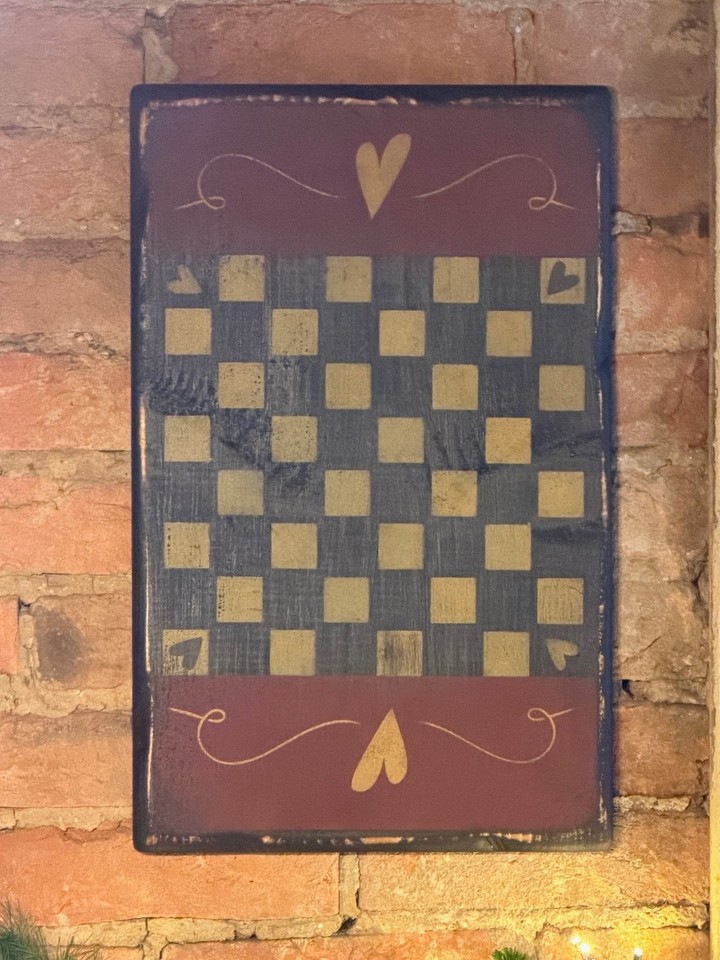 Primitive Handmade Wood Checkerboard Black Red Mustard Hearts ...