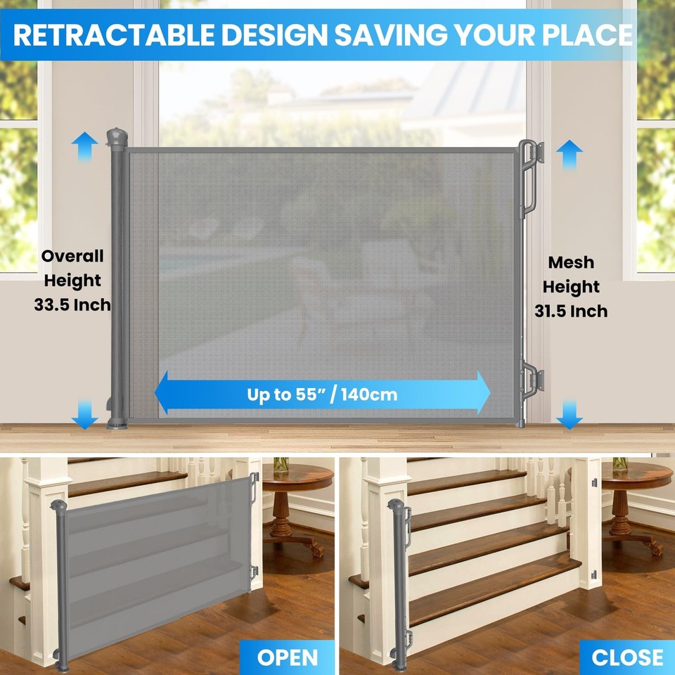 Retractable Baby Gate for Stairs & Doorways - 55" Wide Portable Safety ...