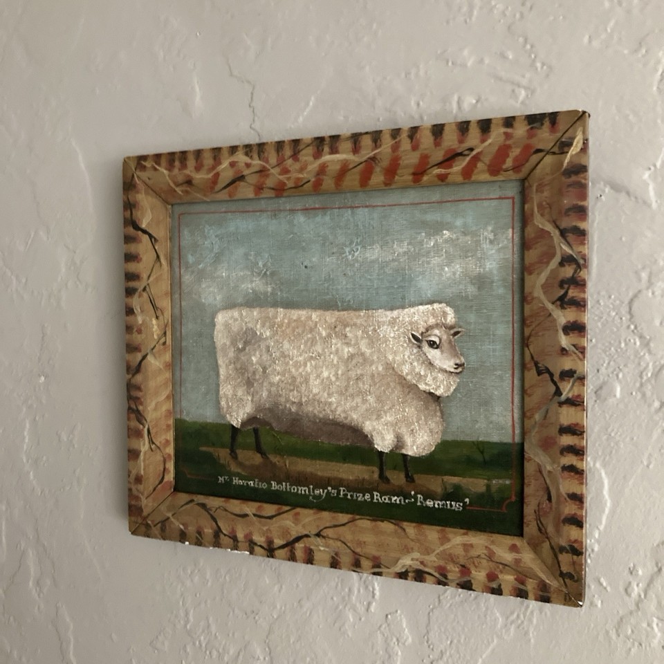 Antique Original Oil Painting Folk Art Livestock Prize Farm Animal Rams ...