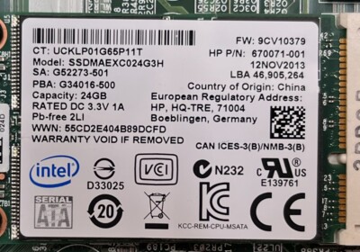 Intel 24GB mSATA SSD Solid State Drive SSDMAEXC024G3H HP 670071-001 ...