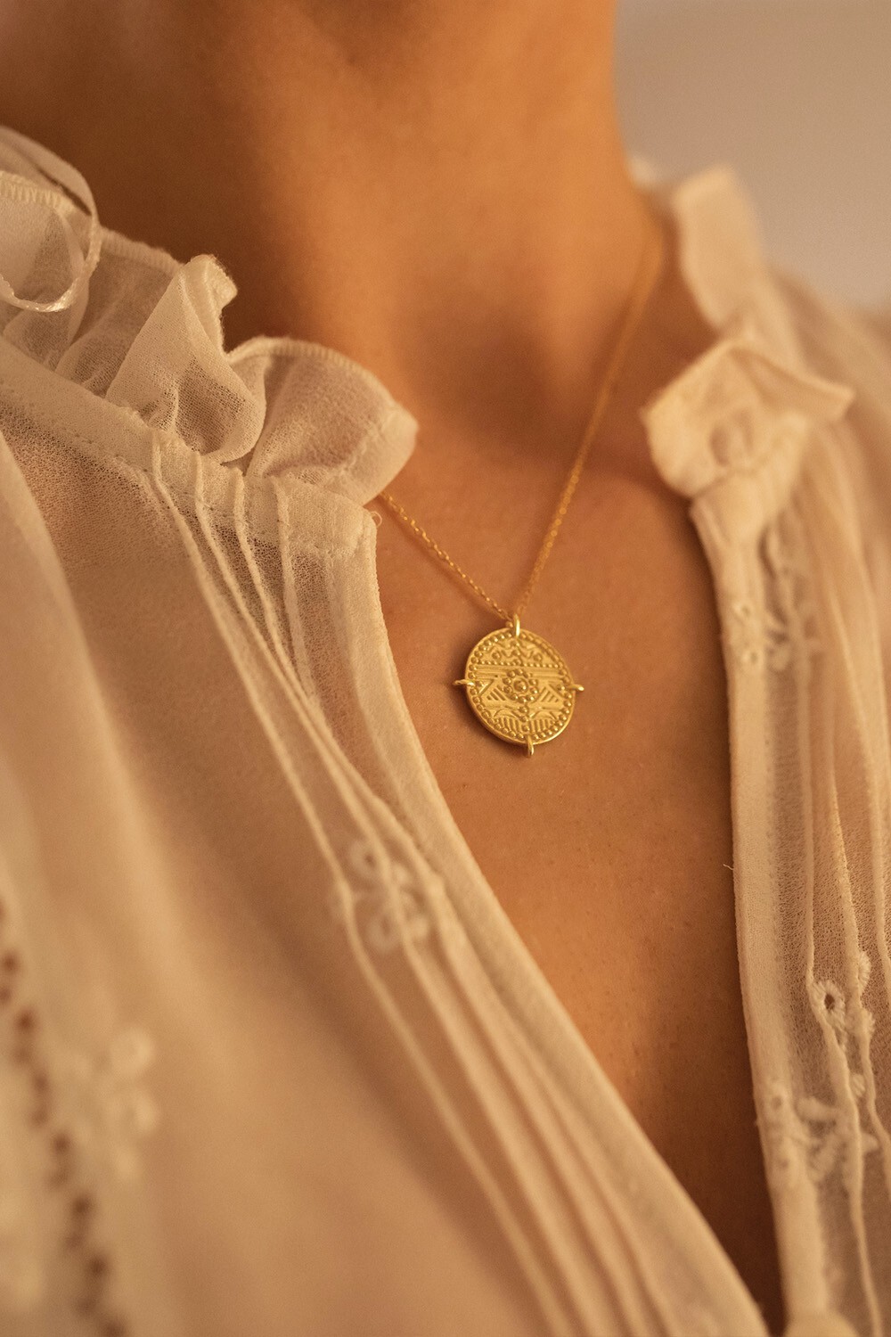 14K Gold Aztec Disc Necklace, Coin Medallion Pendant, Goddess Jewelry ...
