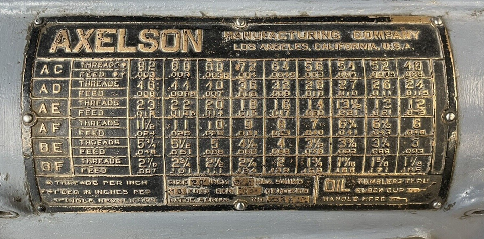 AXELSON HEAVY DUTY ENGINE LATHE 20 INCH | eBay