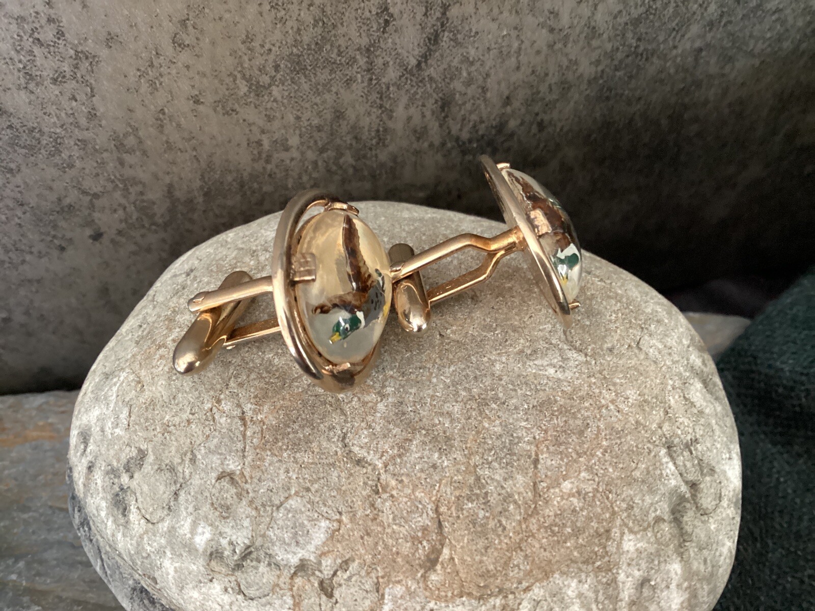 Vintage SWANK Reverse Painted Look Mallard Duck Crystal Dome Cufflinks ...