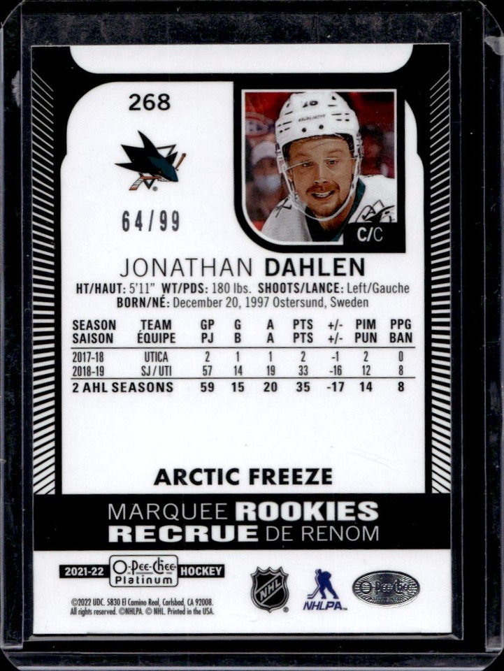 Jonathan Dahlen 2022-23 O-Pee-Chee Platinum #268 Rookie Arctic Freeze ...