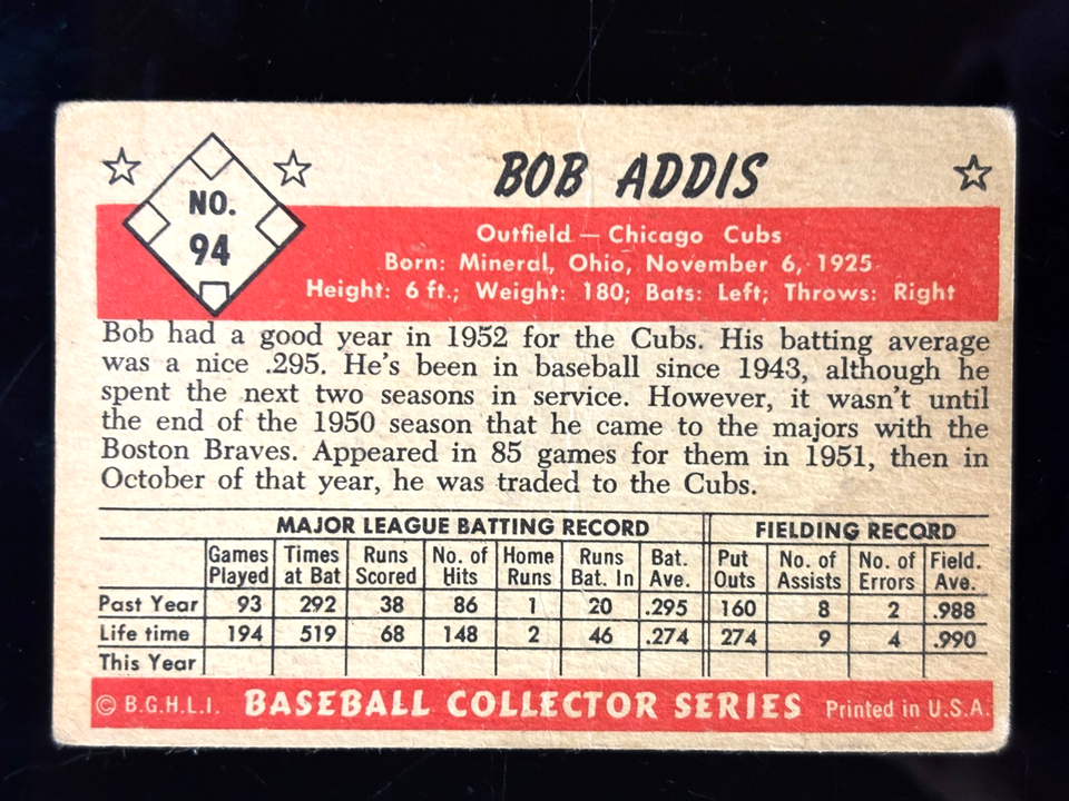 Vintage 1953 Bowman #94 BOB ADDIS Chicago Cubs | eBay