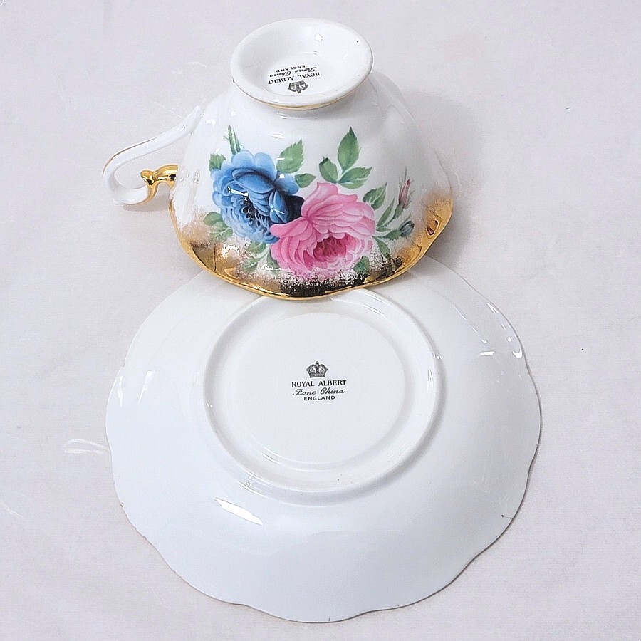 Royal Albert England Heavy Gold Pink & Blue Rose Cup and Saucer 282 | eBay