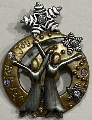 Vintage JOY Christmas Angel Brooch/Pin Rhinestone Pewter Brass Tone ...