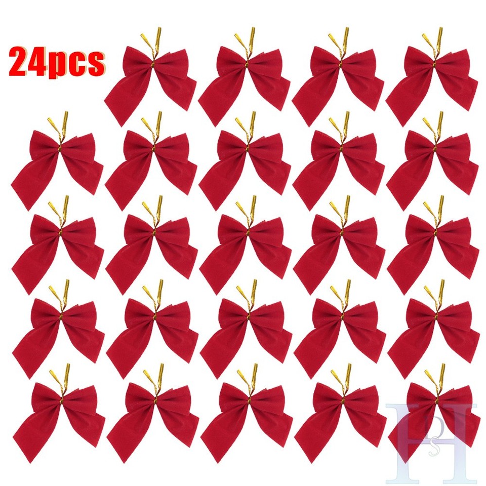 24Pcs Christmas Tree Bows Hanging Red Bowknot Decor Xmas Party Wreaths ...