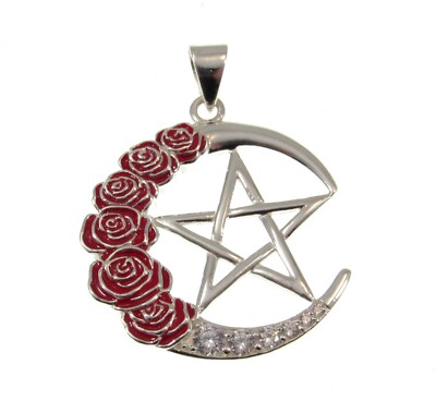 Solid 925 Sterling Silver Enamel Red Roses on Crescent Moon Pentacle ...