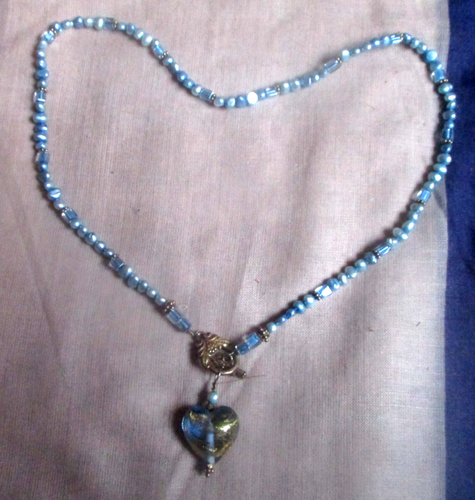 Powder Blue Freshwater Pearl Bead Necklace with Glass Heart - 18 inch ...