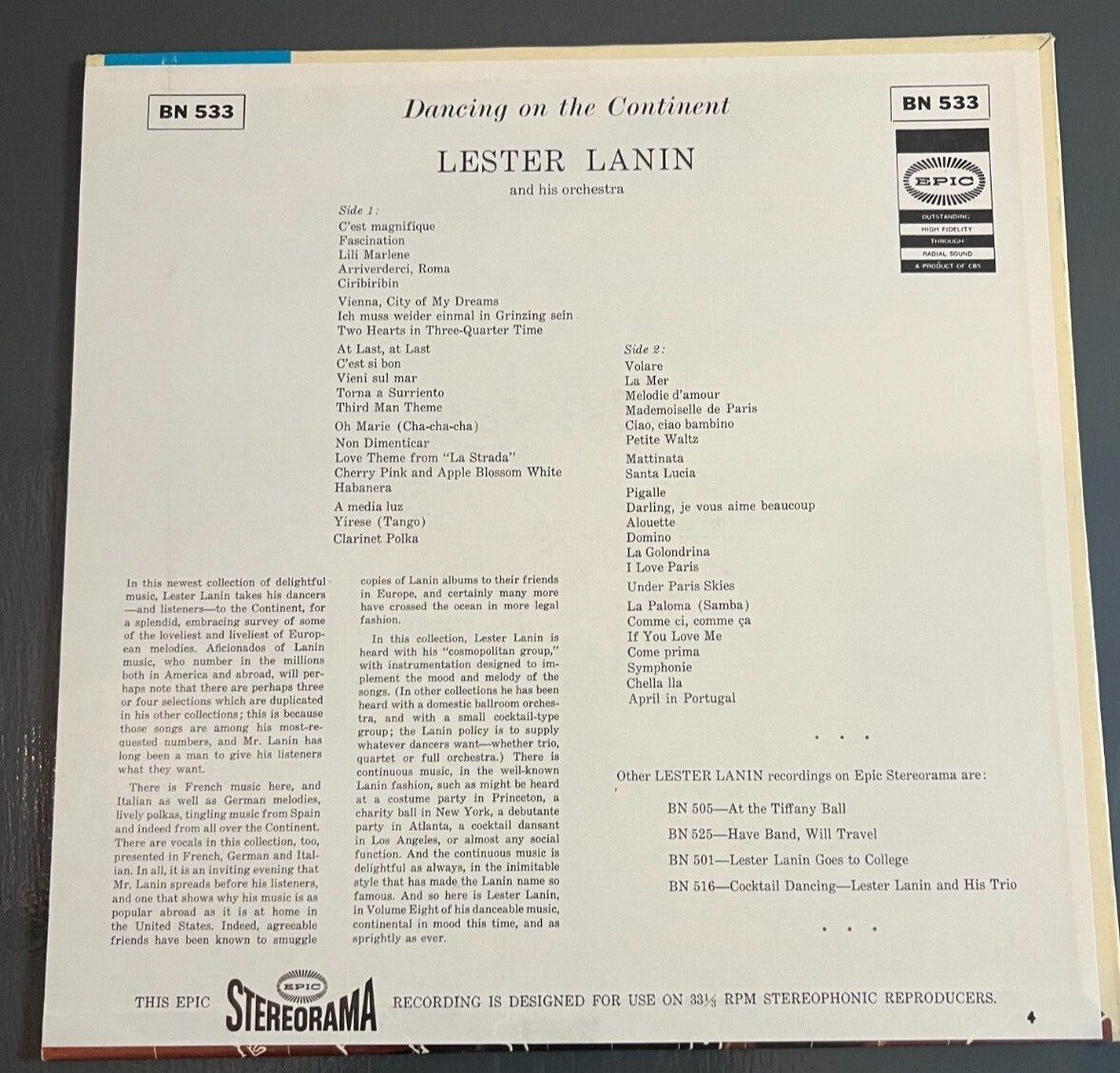 Lester Lanin; Dancing On The Continent Epic Lp, BN 533 | eBay
