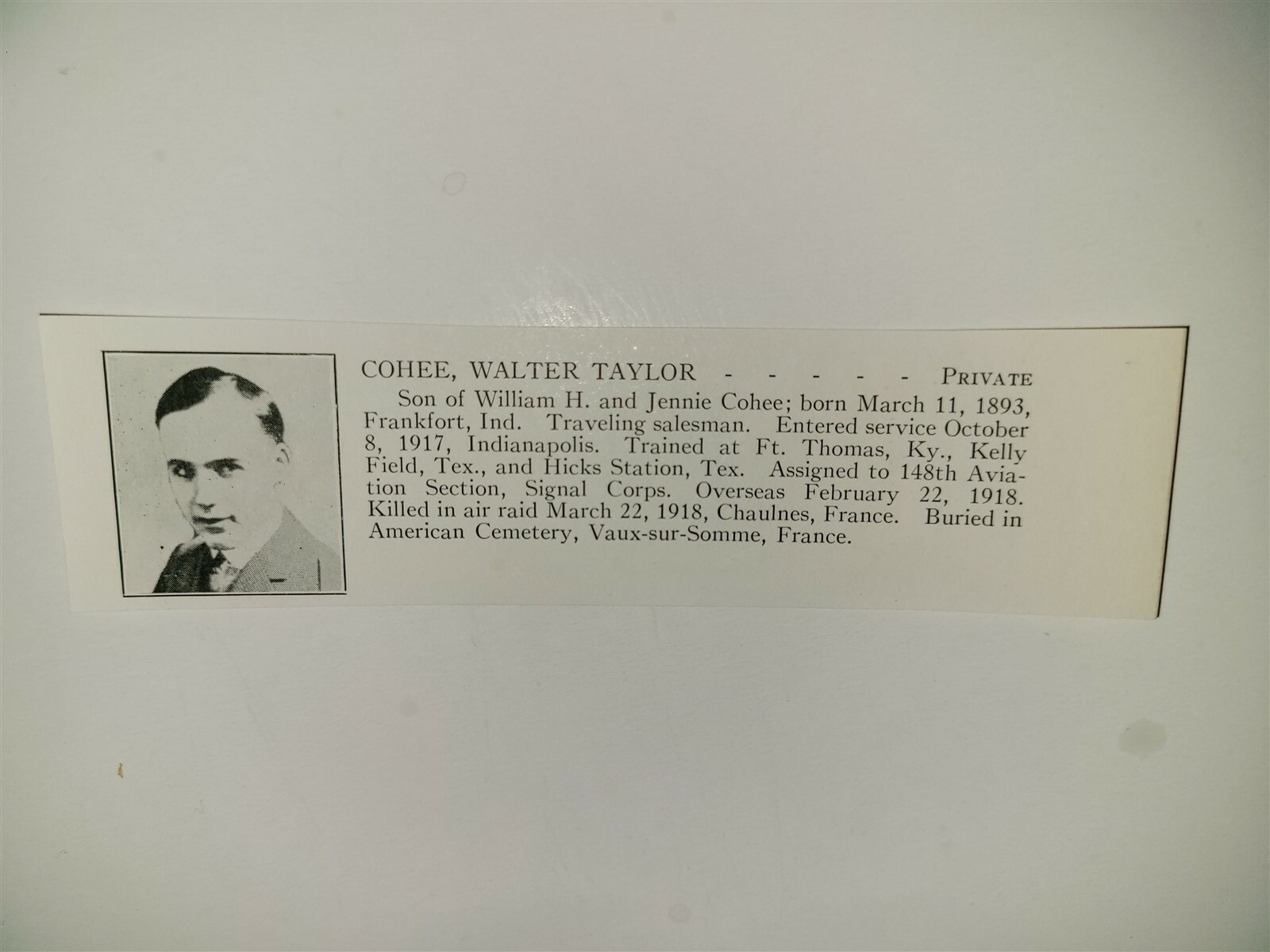 Walter Cohee Frankfort Indiana 148th Aviation Section Fort Thomas 1921 ...