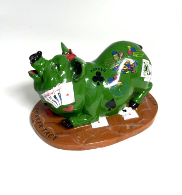 PIG INVASION "POKER FACE" GREEN PIG FIGURINE WITH POKER CARDS & CHIPS ...