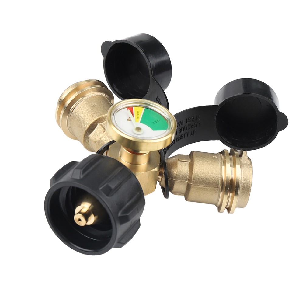 Propane Tank Y Splitter Adapter 2 Way LP Gas Tee Connector with Gauge ...