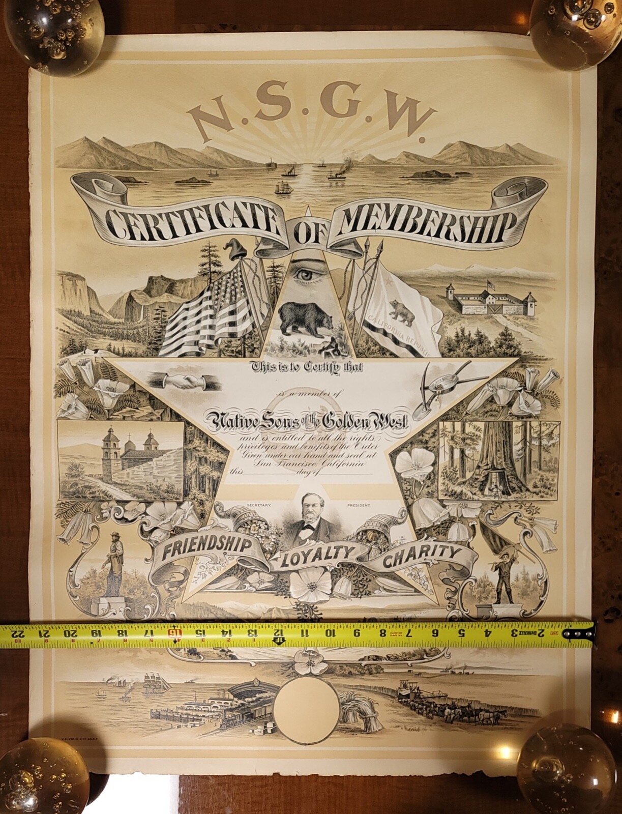 146 YEAR OLD Native Sons of the Golden West N.S.G.W "Certificate of ...