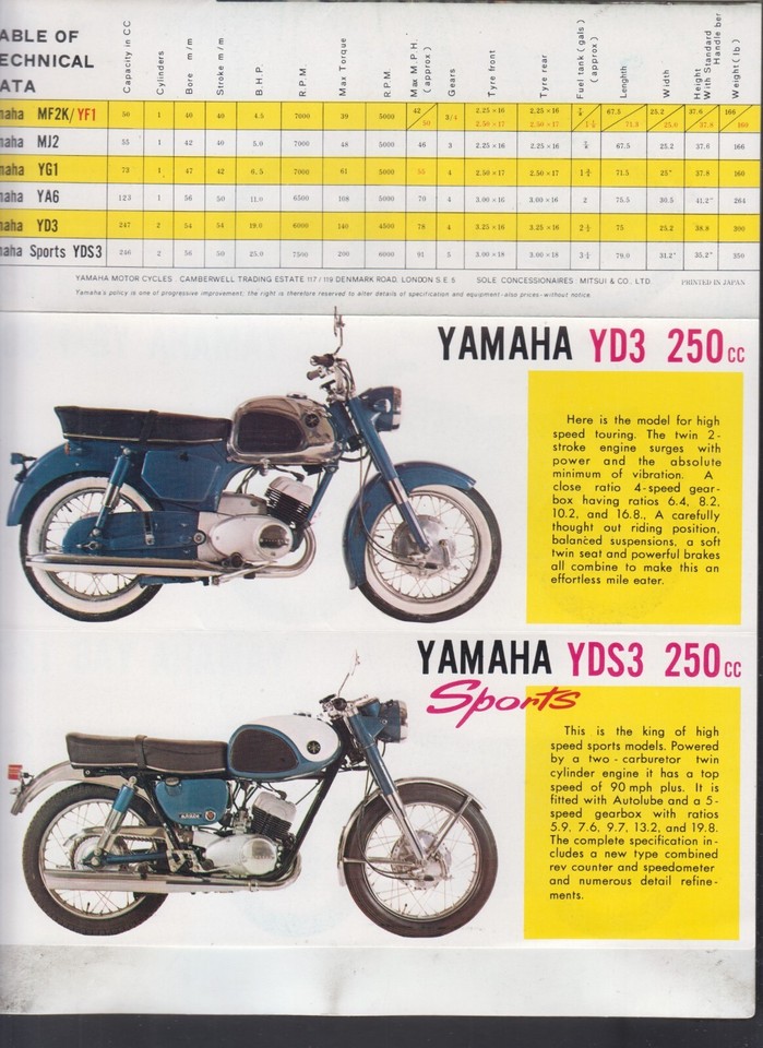 Motorcycles Yamaha 50 YF1 80 YG1 125 YA6 250 YD3 250 YDS3 sale brochure ...