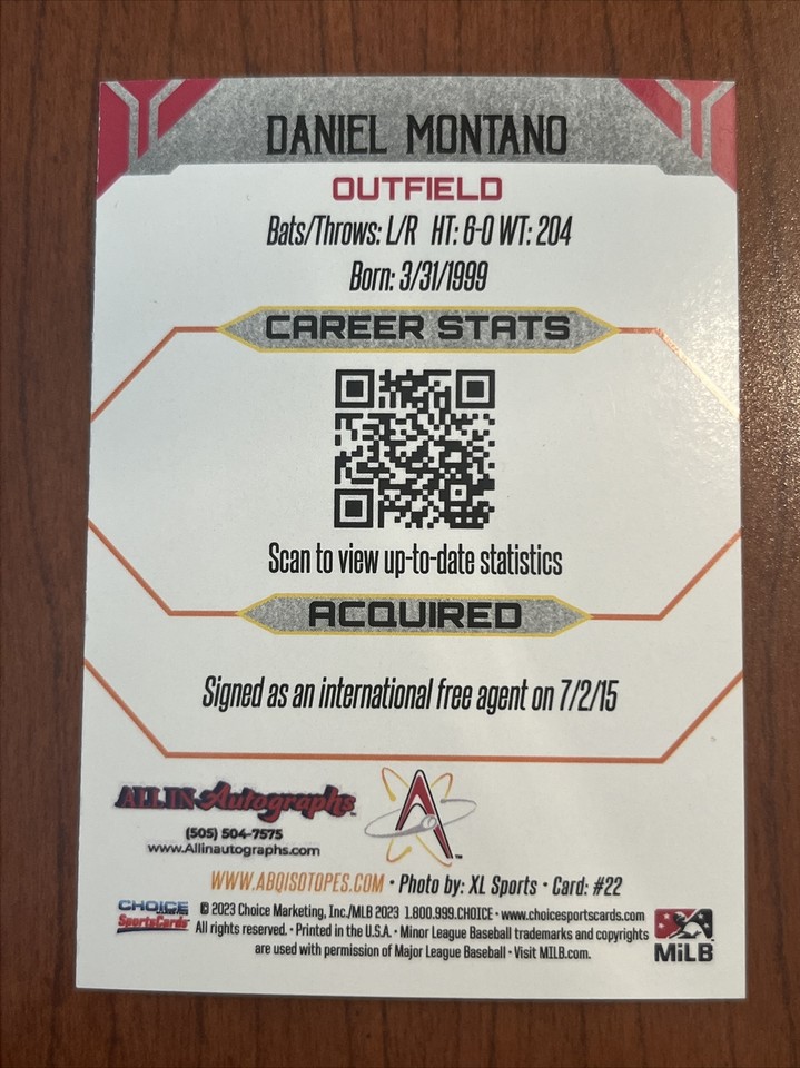 DANIEL MONTANO Signed 2023 Albuquerque Isotopes Baseball Card COL ...