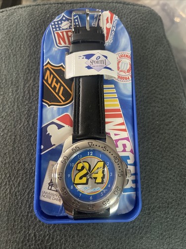 Vtg Jeff Gordon Watch Men 39mm Silver Tone BOX Leather Band NASCAR Need ...