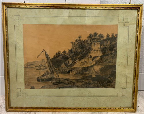 Charcoal XIX Albu Landscape Marin Boat Sailboat Cascade Bridge Nature ...