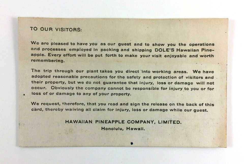 Dole Hawaiian Pineapple Facility Visitors Card And Booklet Honolulu ...