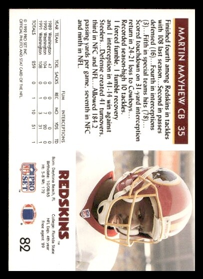 1992 Pro Set FACT Mobil #82 Martin Mayhew Washington Redskins | eBay