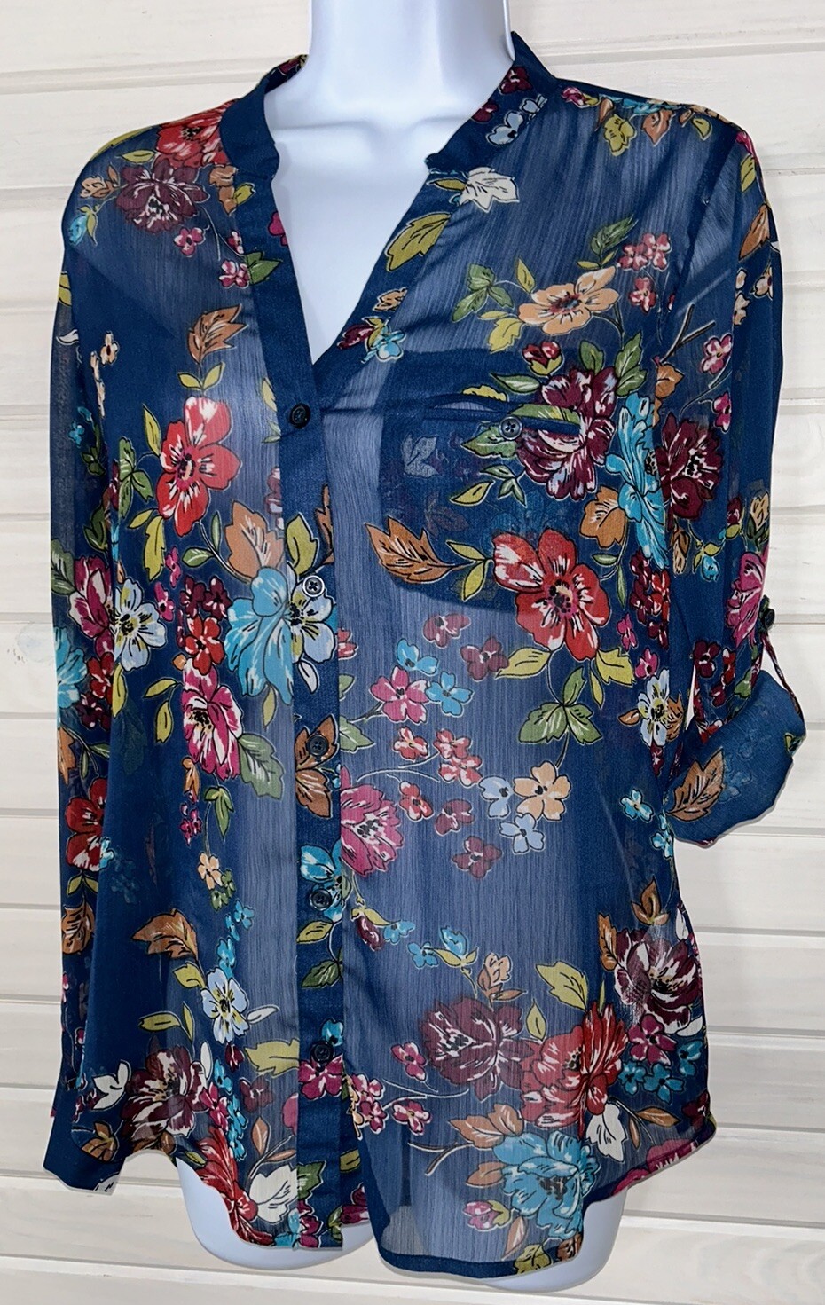 Kut From The Kloth Sz XS Blue Red Floral Semi-Sheer Button Blouse EUC ...