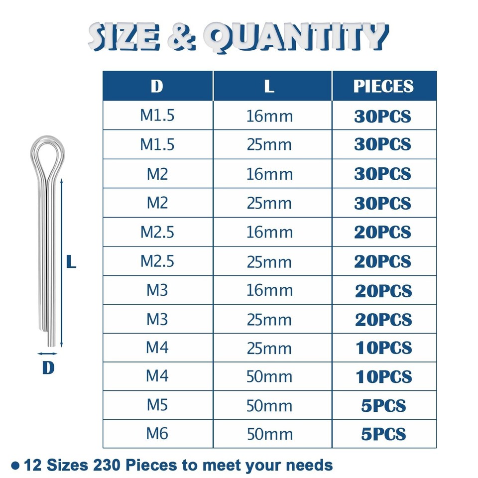 230PCS Cotter Pins Assortment Kit 304 Stainless Steel Split Pin.12 ...