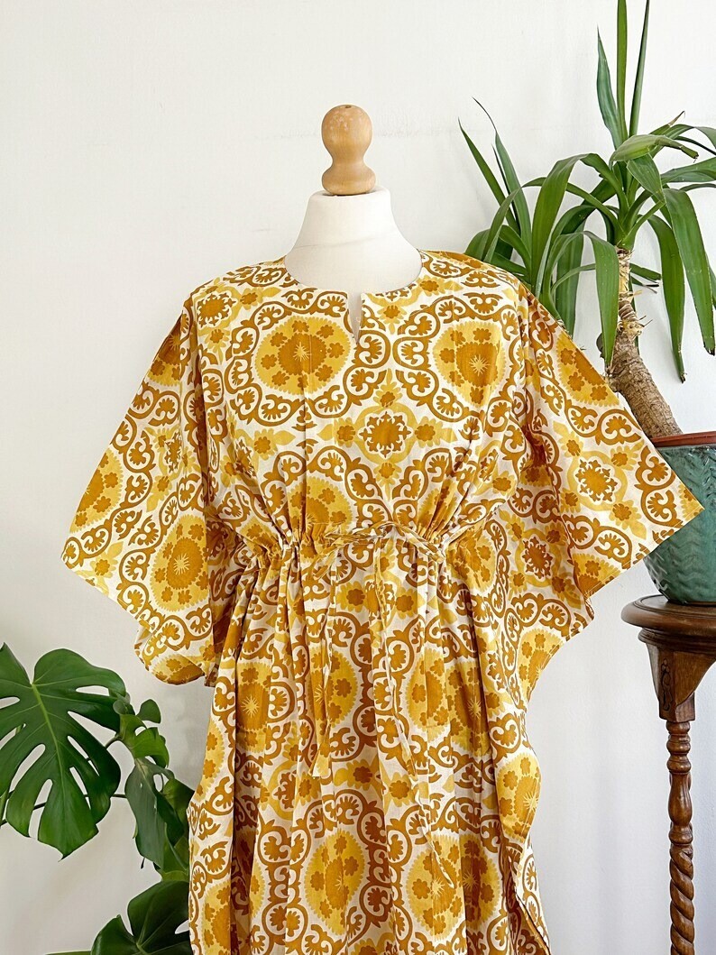 Indian Yellow Suzani Kaftan Dress Women's Beach Night Robes One Size ...