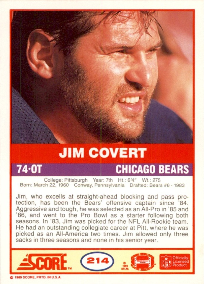 1989 SCORE JIM COVERT CHICAGO BEARS #214 | eBay