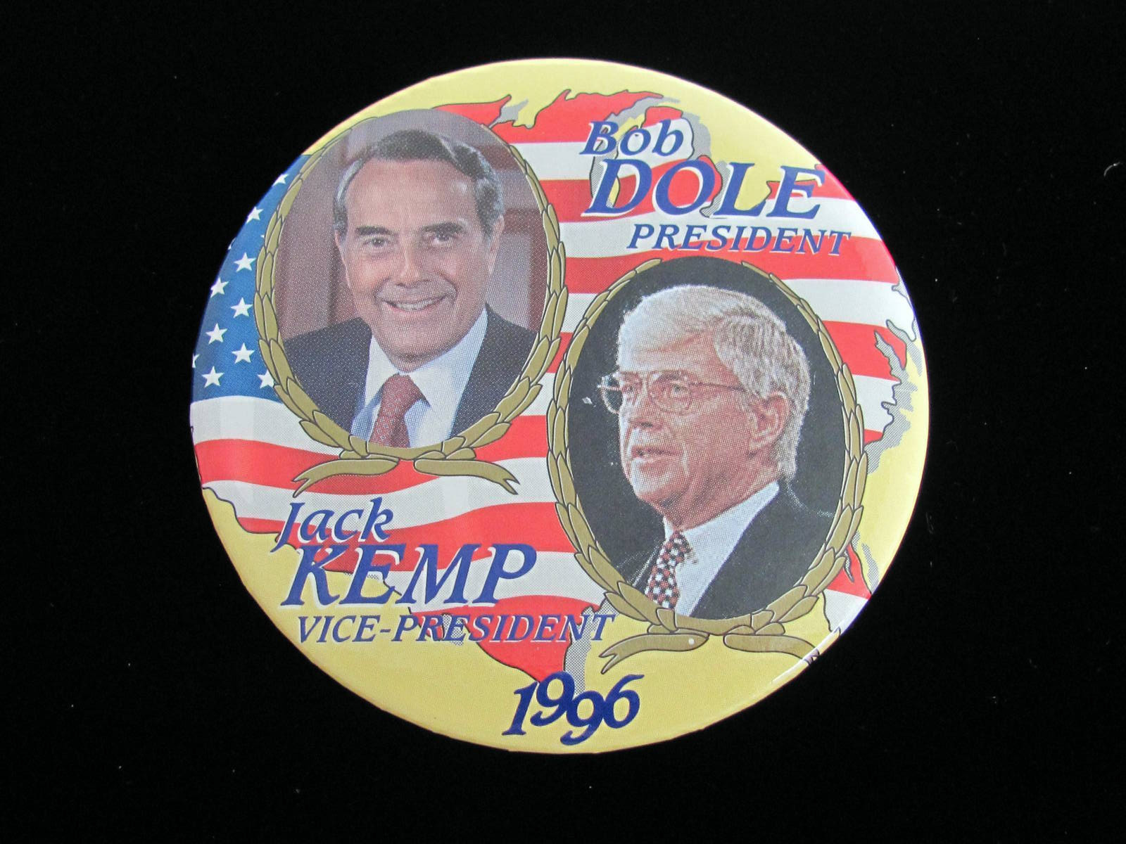 1996 Bob Dole for President 3" Pinback Button Kemp Jugate Yellow with ...