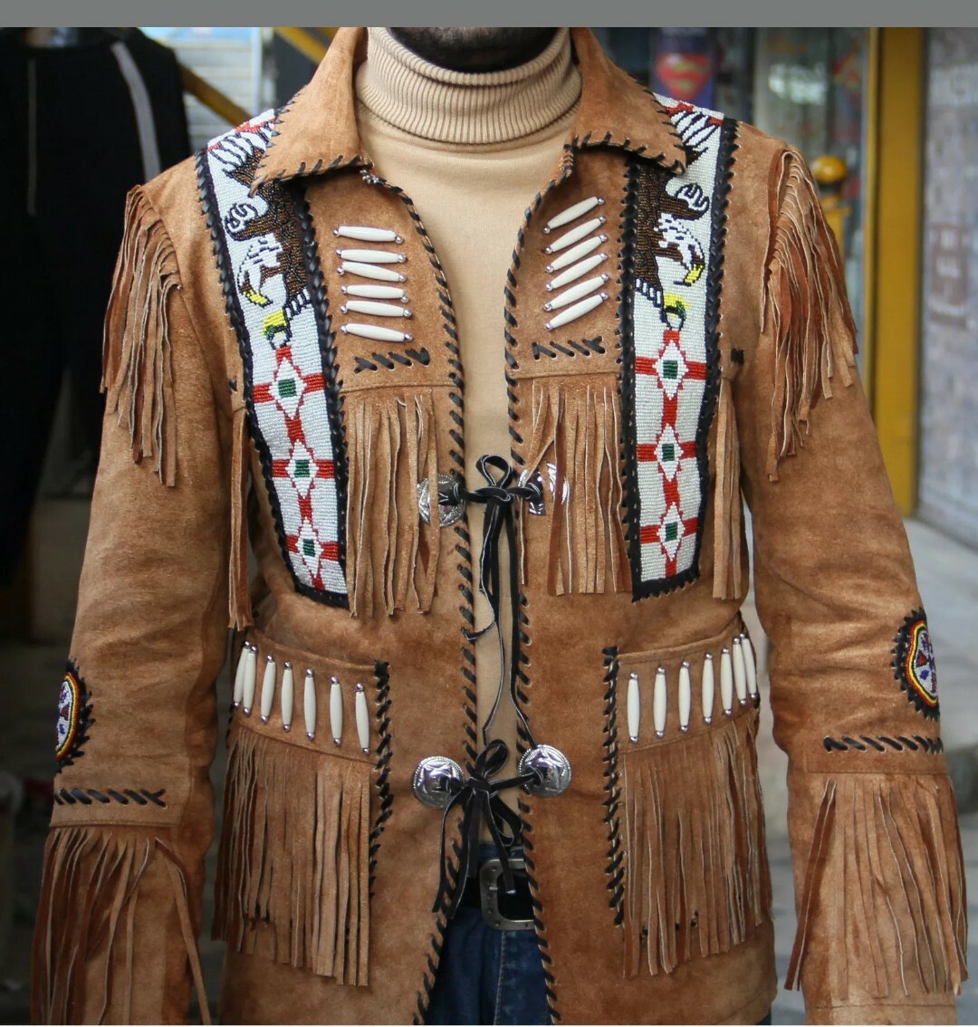 Brown Western Suede Leather Jacket Native American Men Cowboy Bead ...