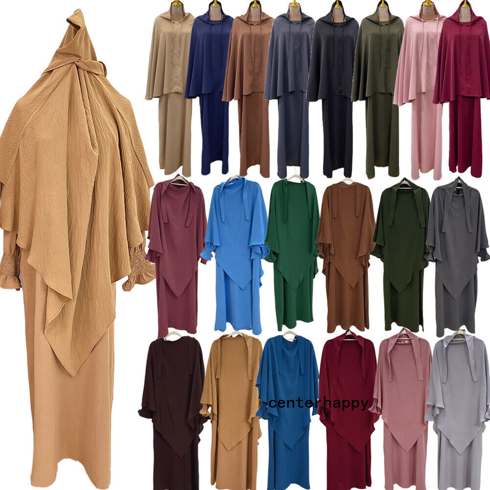2 Piece Muslim Women Prayer Overhead Hijab Abaya Maxi Dress Set Kaftan ...