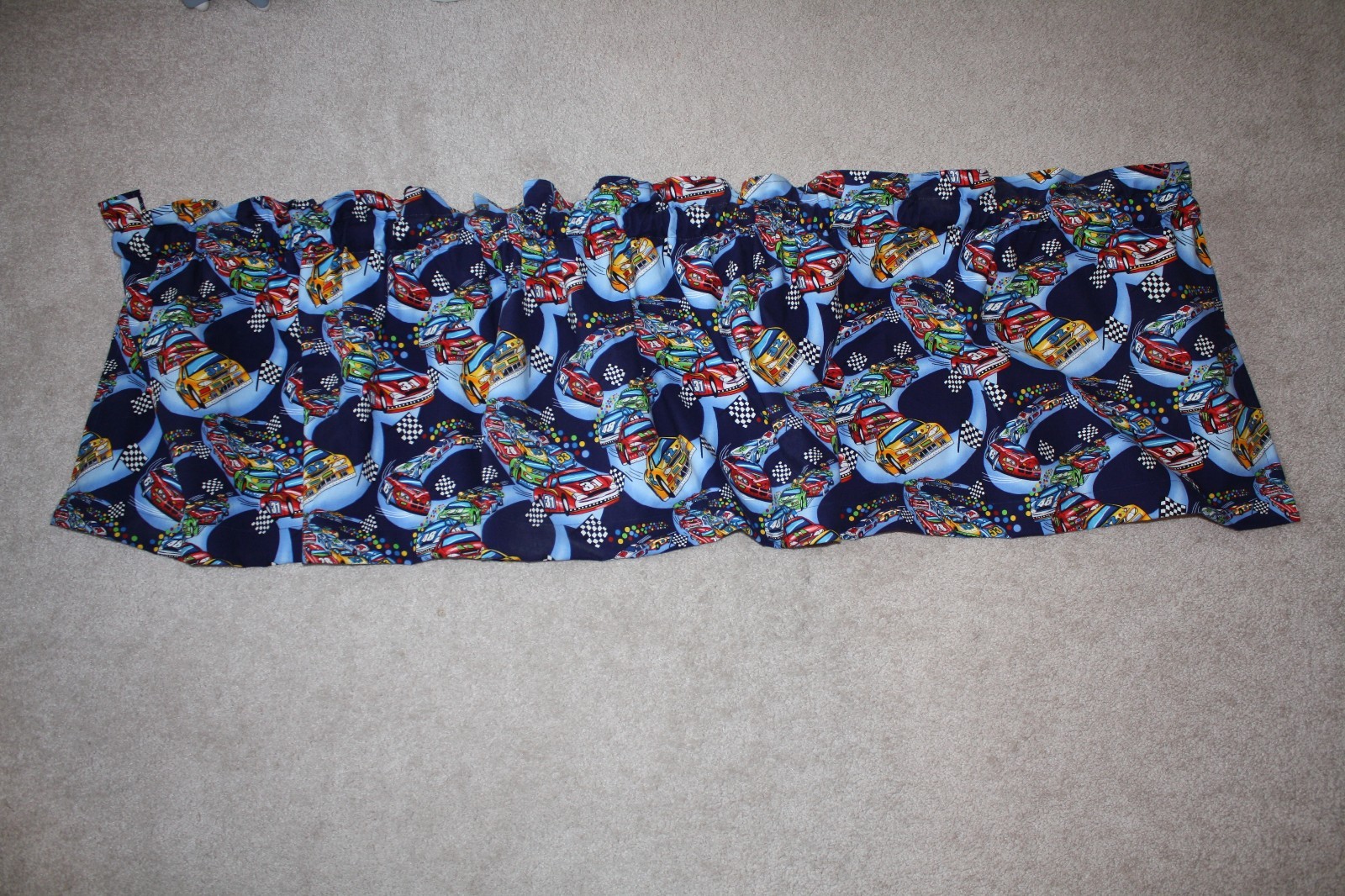 set of 2 Nascar race car handmade window curtain valances 64 1/2 wide ...