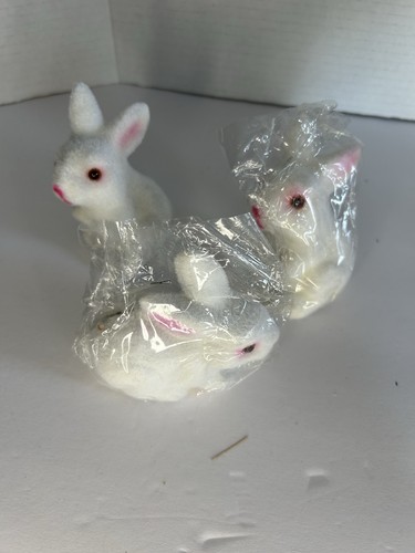 Vintage Easter Flocked Rabbit White Pink Banks (3 Pc) 2 Standing & 1 ...