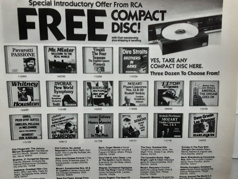 1986 RCA Compact Disc Club ZZ Top Benatar Houston Original Print Ad ...