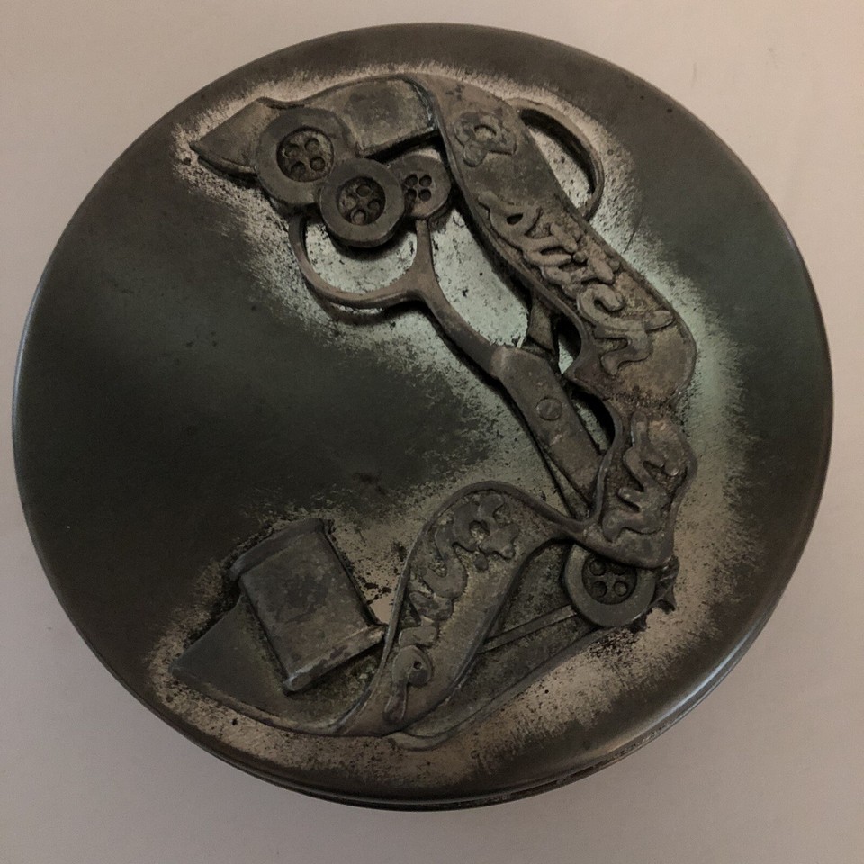 Pewter A Stitch In Time Lid Scissors Buttons Thread Metal Sewing Tin | eBay