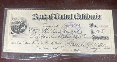 Old 1896 - Bank of Central California - Bank Check - FRESNO CA. | eBay