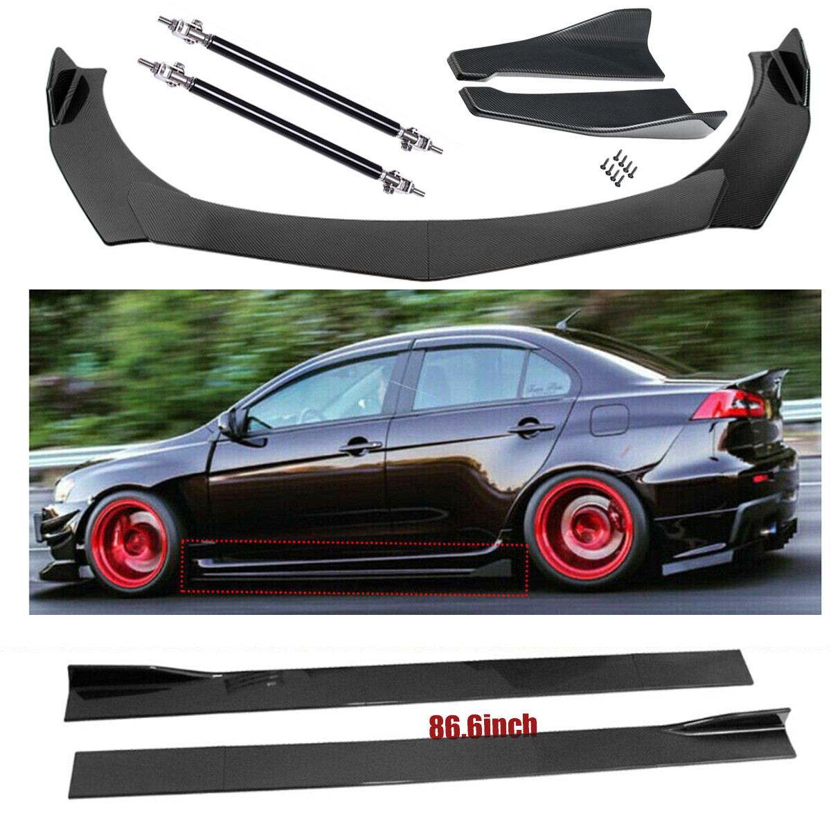 For MITSUBISHI LANCER Carbon Fiber Side Front &Rear Bumper Lip Splitter ...