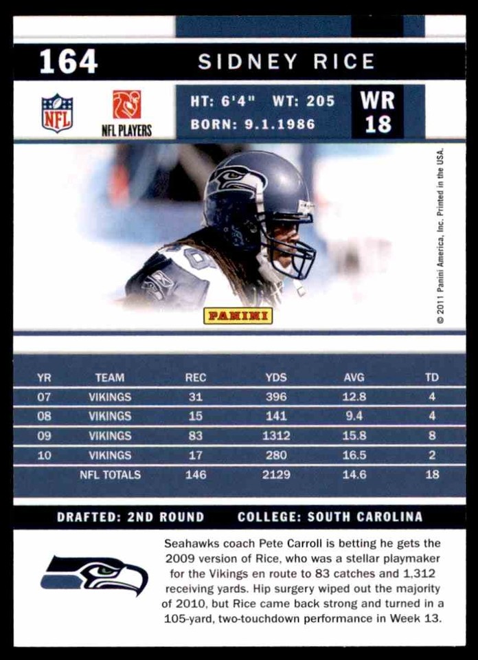Sidney Rice 2011 Score #164 (78759) | eBay