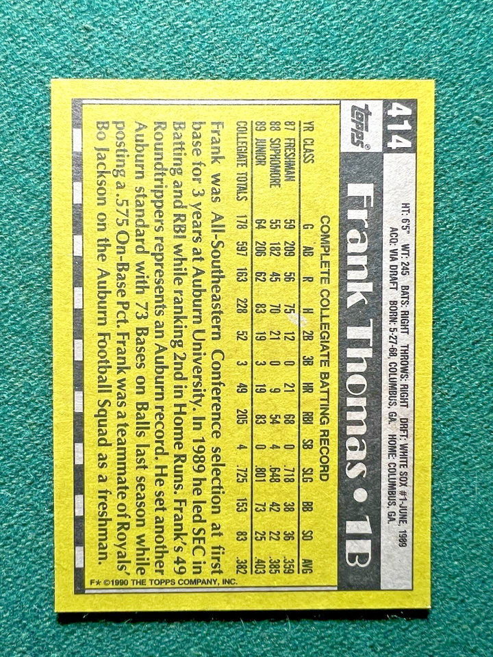 1990 Topps Baseball #414 Frank Thomas 1st Round Draft Pick Rookie White ...