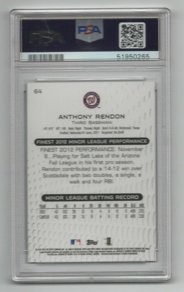 2013 Topps Finest * Rookie Card * Anthony Rendon * #64 * PSA 10 * Gem ...