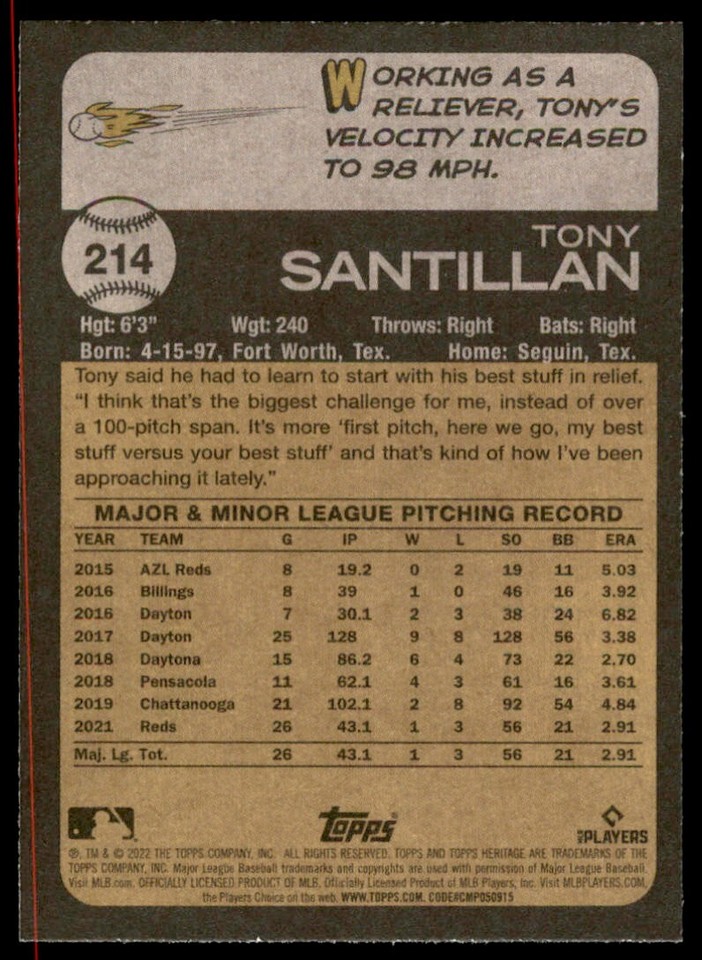 Tony Santillan 2022 Topps Heritage Rookie Card ! RC #214 Cincinnati ...