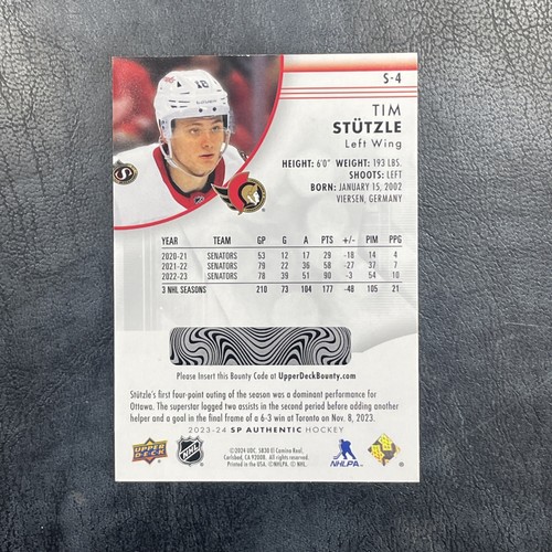 TIM STUTZLE Bounty Card 2023-24 SP Authentics Spectrum FX Ottawa ...