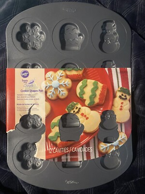 New Wilton Cookie Shapes Pan 12 Cavities Snowflakes Mittens Snowman Non ...