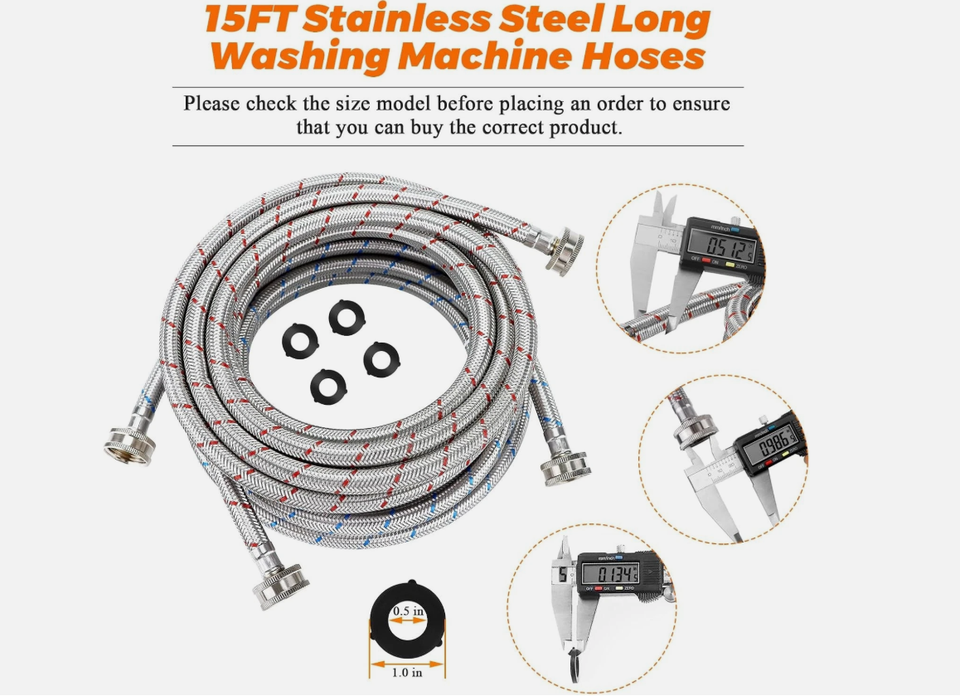 15ft LONG Washing Machine Hoses UPGRADE by Blutoget- 15 foot, Red ...